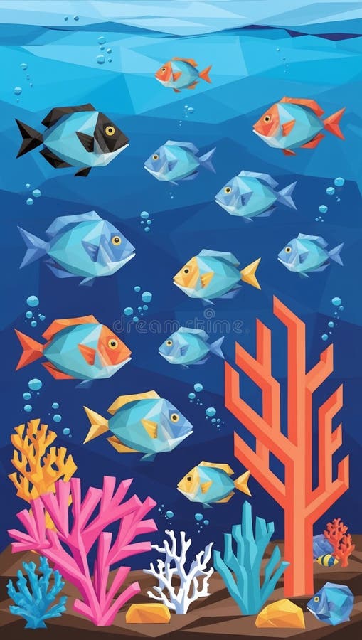 Underwater Scene with Fish and Coral in Low Poly Geometric Shapes Stock ...