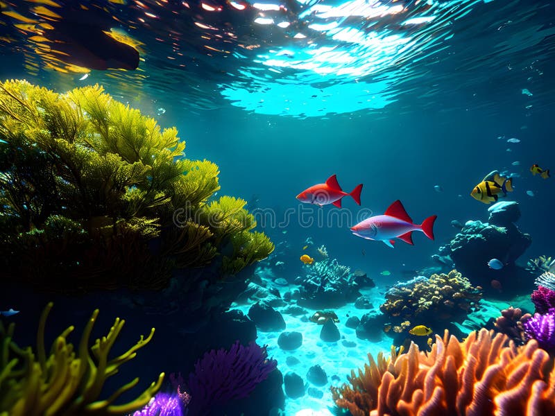 Underwater Scene with Fish, Corals and Tropical Fish Stock Illustration ...