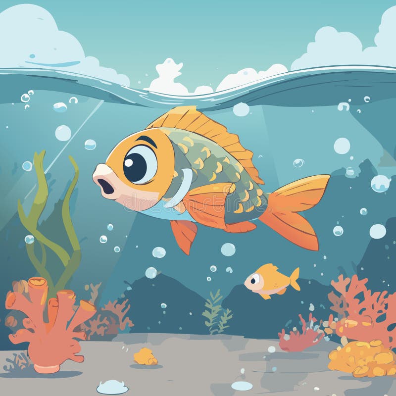 Underwater Scene with Fish and Corals. Vector Cartoon Illustration ...