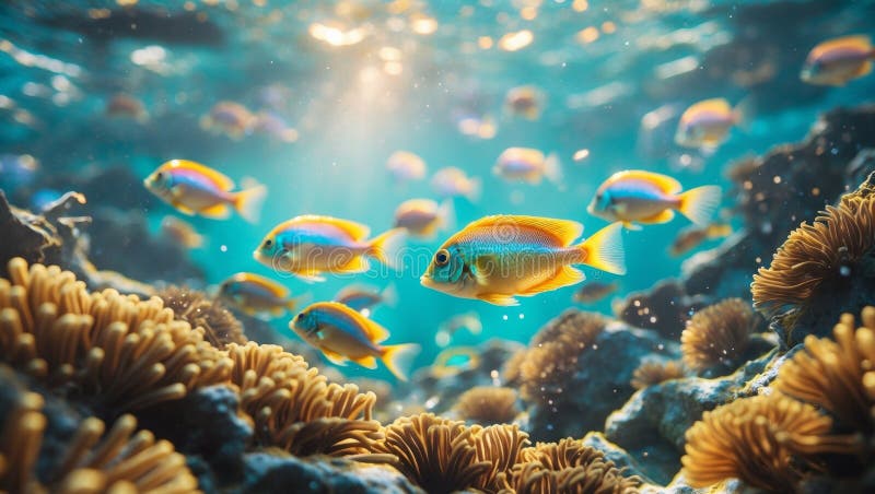 Underwater Scene with Fish Swimming among Coral Reef. Stock Photo ...