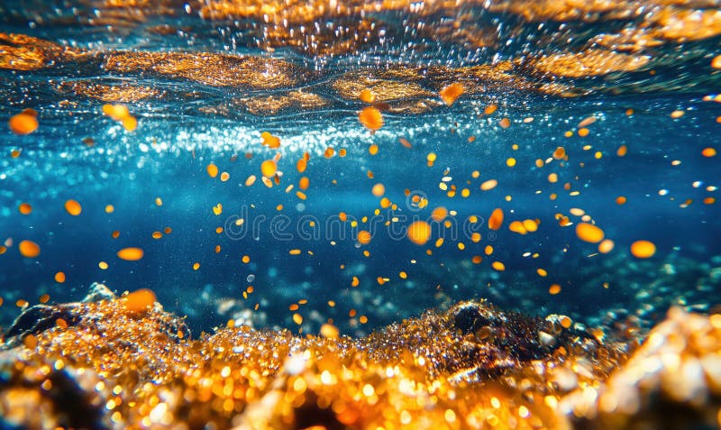 Underwater Scene with Golden Particles and Shimmering Water Surface ...