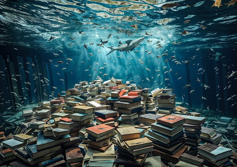 Underwater Scene with Many Books and Sharks Stock Illustration ...