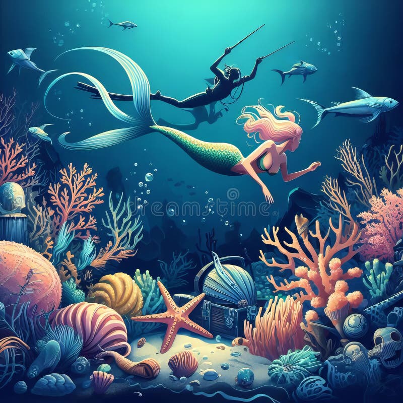 . Underwater Scene with Mermaid and Seahorse Stock Illustration ...