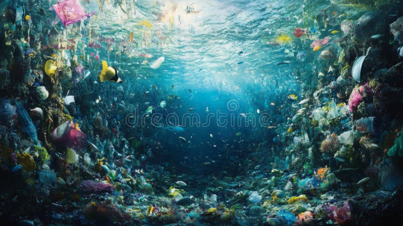 Underwater Scene with Plastic Waste and Fish Stock Illustration ...