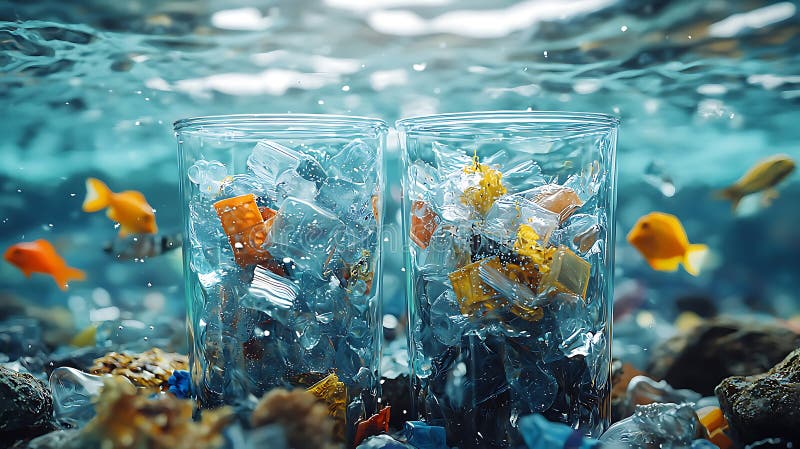 Underwater Scene with Plastic Waste in Glasses, Highlighting Pollution ...