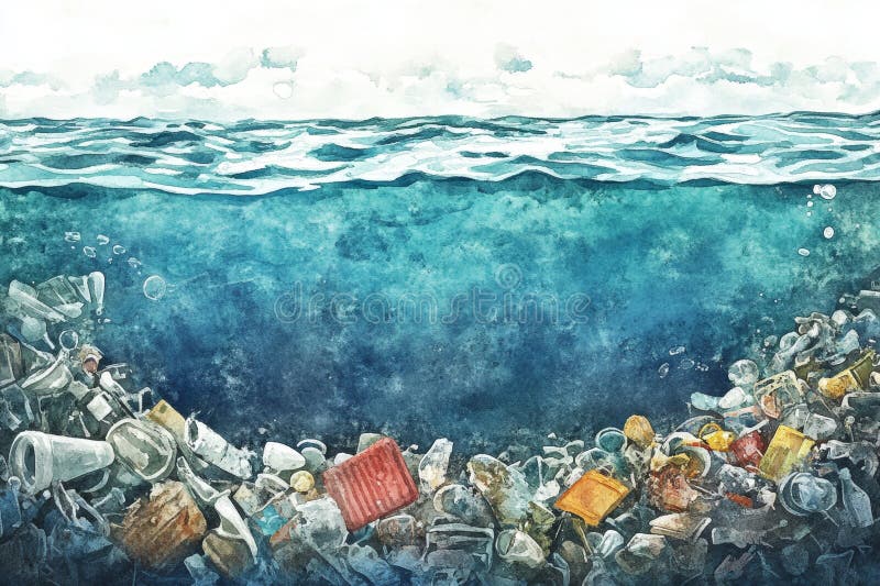 Underwater Scene of Pollution with Plastic Waste and Ocean Waves Stock ...