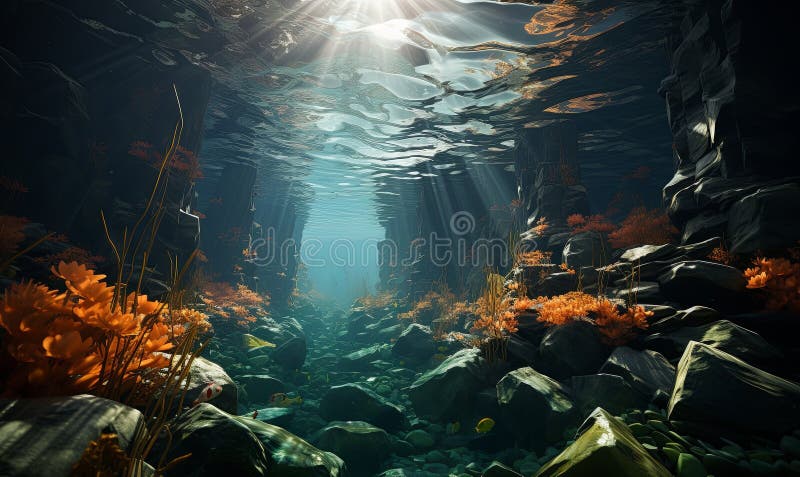 Underwater Scene with Rocks and Plants Stock Photo - Image of ...