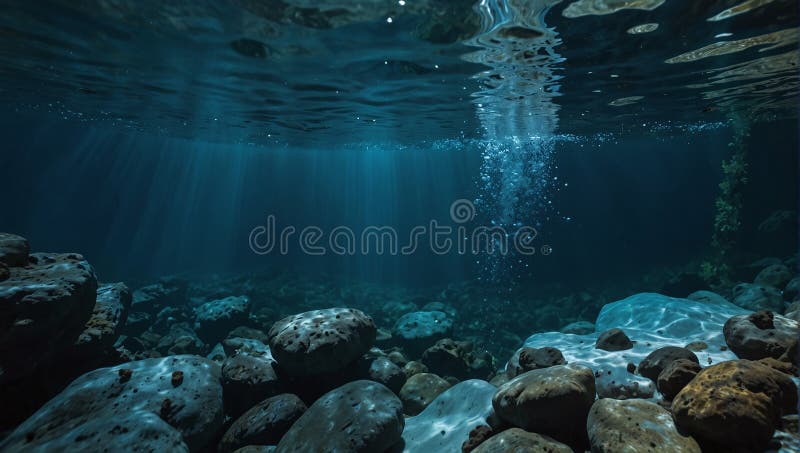 Underwater Scene with Rocky Bottom, Sun Rays and Bubbles in Blue Water ...
