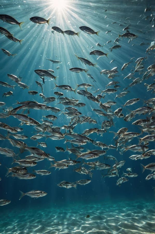 Stunning Underwater School of Fish Swimming in Sunbeams Stock ...