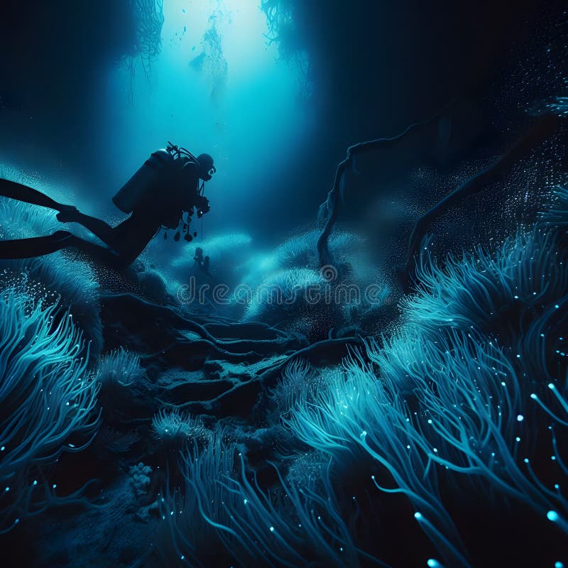 Underwater Scene with Scuba Diver and Corals. 3d Render Stock ...