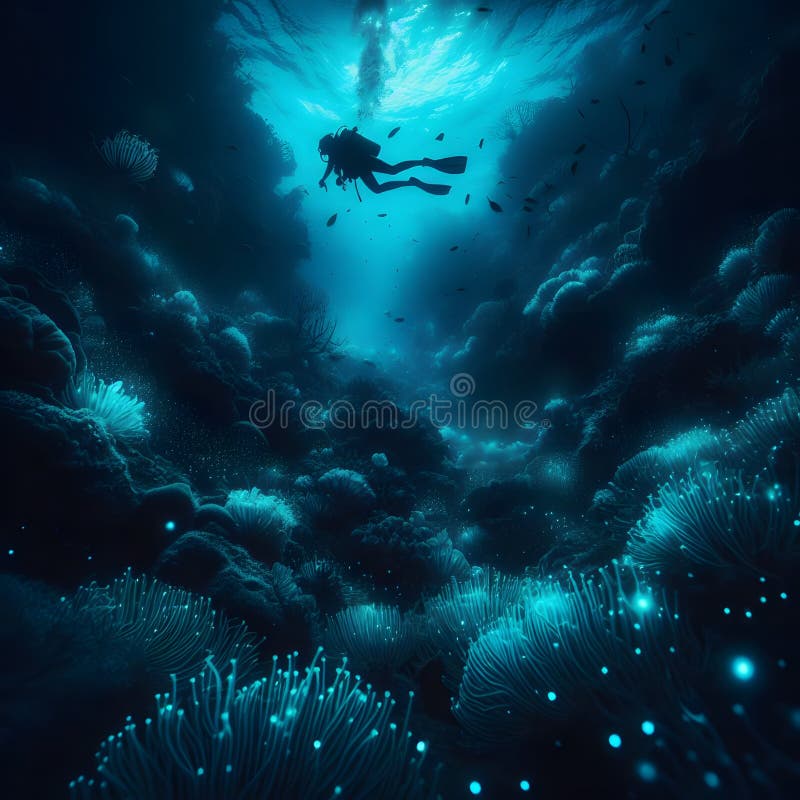 Underwater Scene with Scuba Diver and Corals. 3d Render Stock ...