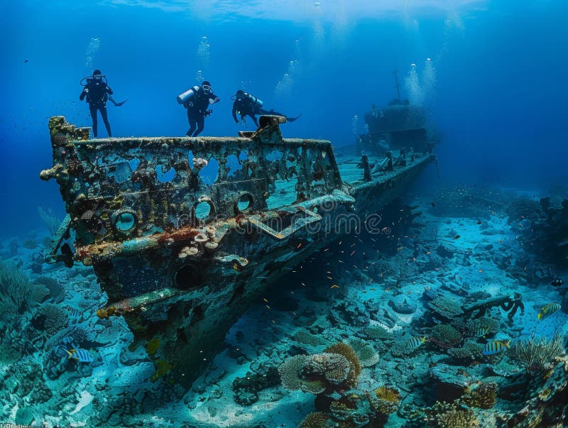 Underwater Scene with Scuba Divers Exploring a Shipwreck Surrounded by ...