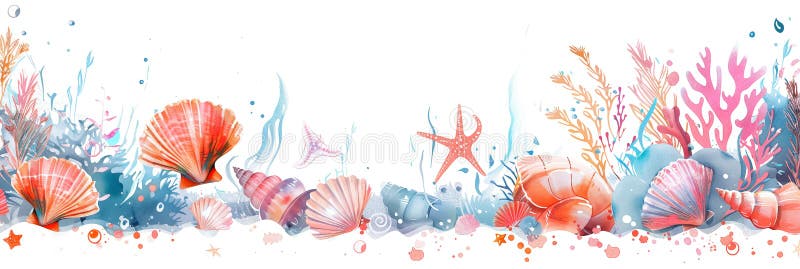 Underwater Scene with Shells, Coral, and Plants Banner. Panoramic Web ...