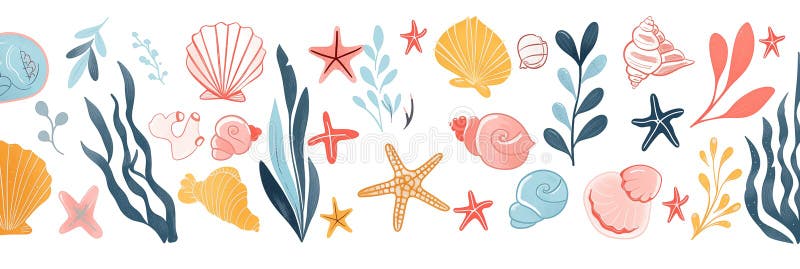 Underwater Scene with Shells, Coral, and Plants Banner. Panoramic Web ...