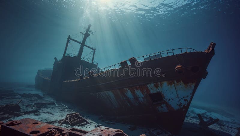 Underwater Scene of a Ship Wreck Drowning in Deep Waters Stock Photo ...