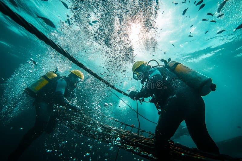 Underwater Scene Shows Two Divers Working Together in Clear Blue Water ...