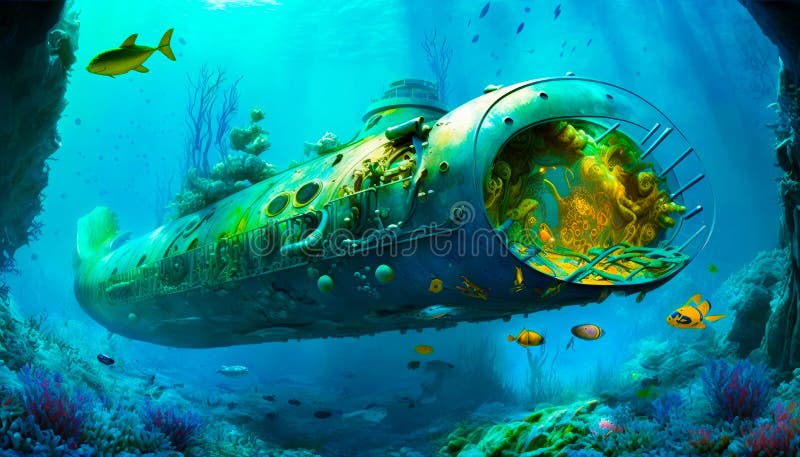 An Underwater Scene with Submarine and Fish. Generative AI Stock ...