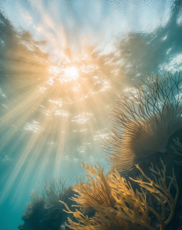 Underwater Scene with Sun Rays Illuminating Coral Reef. Stock Photo ...
