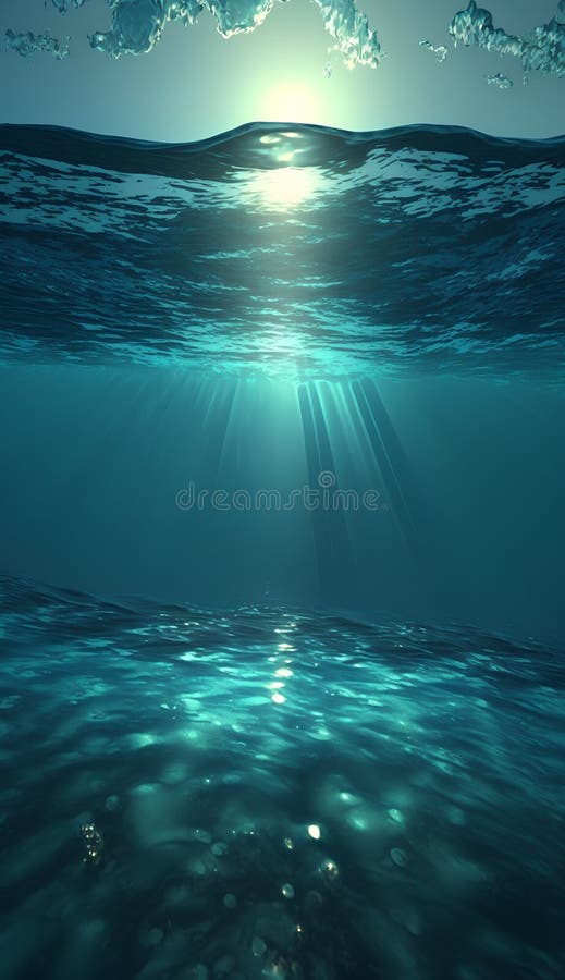 Underwater Scene with Sun Rays and Water Surface. 3d Render Stock ...