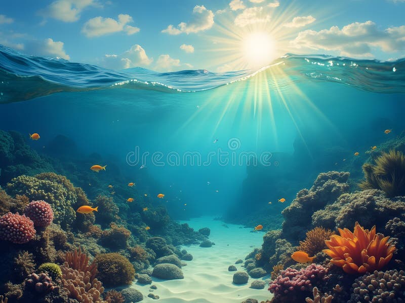 Underwater Scene with Sunrays and Coral Reef. 3d Render Stock ...