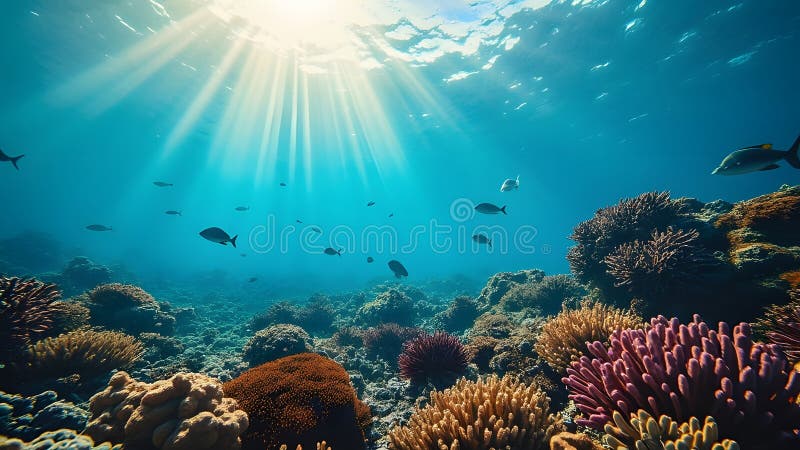 Underwater Scene with Sunrays and Coral Reef. 3d Render Stock Illustration - Illustration of ...