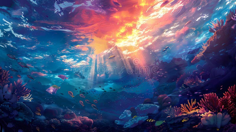 Underwater Scene with Golden Sunset Light Piercing through Stock ...