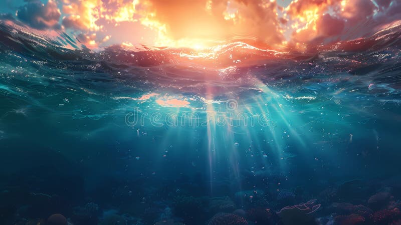 Underwater Scene with Golden Sunset Light Piercing through Stock ...