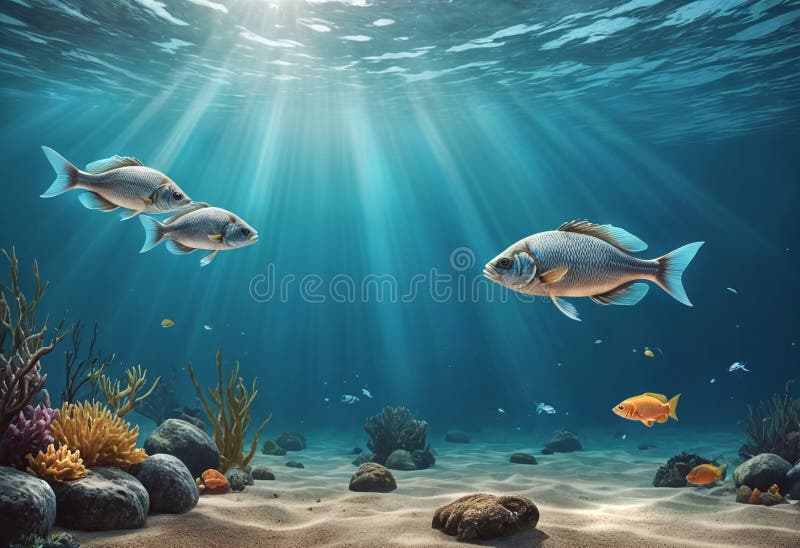 Underwater Scene with Swimming Fish and Coral Reef Stock Illustration ...