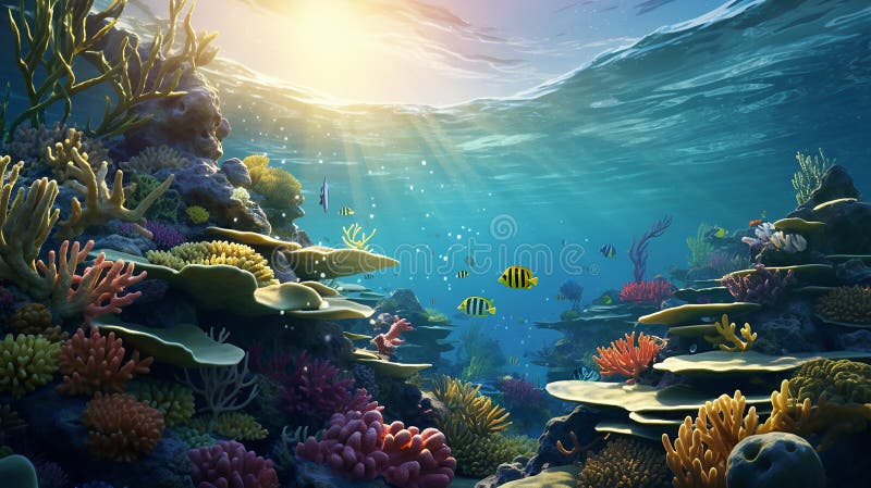 Underwater Scene with Tropical Seabed with Reef and Sunlight Stock ...