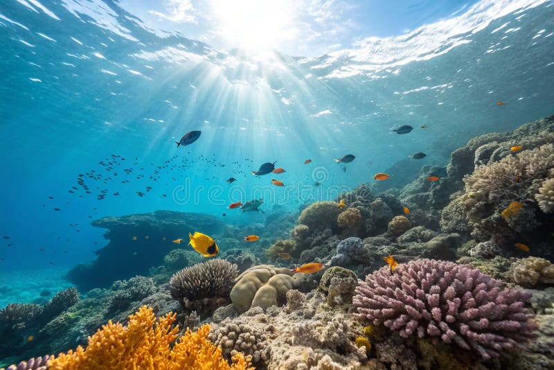 Underwater Scene - Tropical Seabed with Reef and Sunshine Stock ...