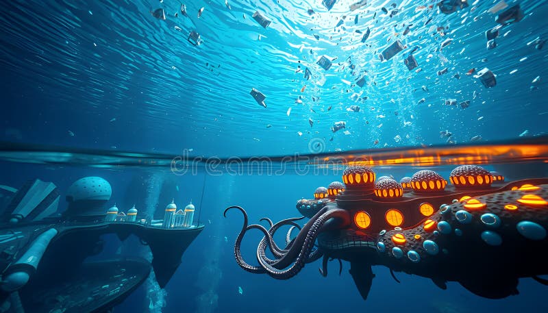 Underwater Scene with Underwater Structures and Luminous Underwater ...