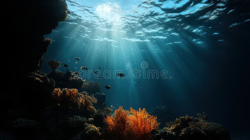 Underwater Scene of Vibrant Coral Reef with Sunlight Rays and Fish ...