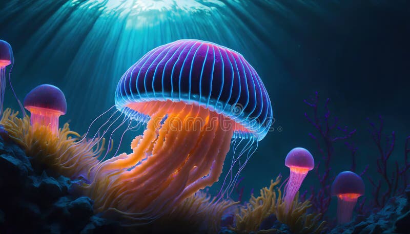 Underwater Scene with Vibrant Jellyfish Illuminated by Sunlight ...