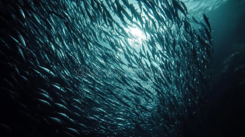 Underwater School of Fish in Dark Blue Water Stock Illustration ...