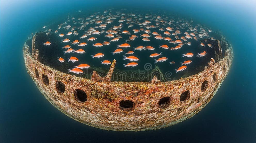 Underwater School of Orange Fish in a Submerged Circular Structure ...