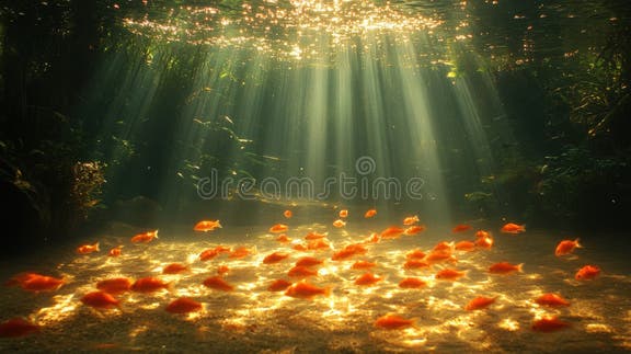 Underwater School of Orange Goldfish in Sunlight Stock Image - Image of ...