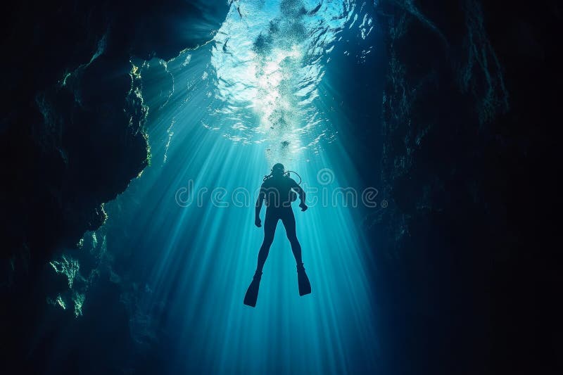 Underwater - Scuba Diver, Deep Water with Blue Sunlight. Stock Image ...