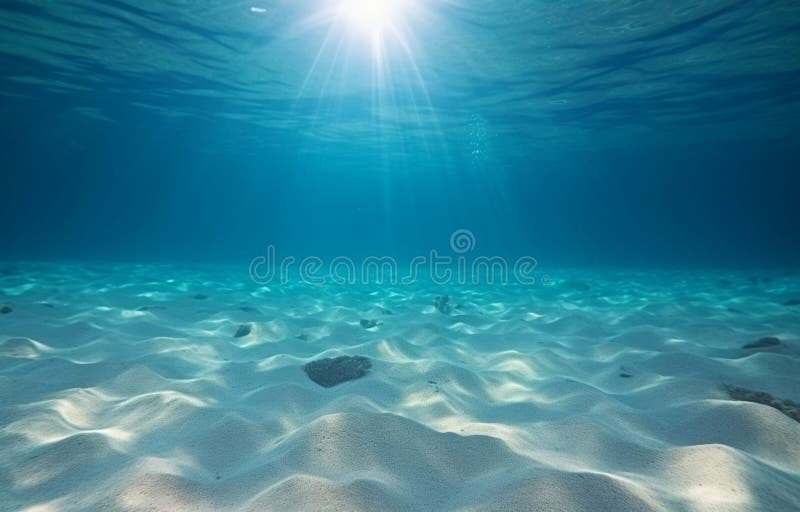 Underwater Sea Bottom Sand. Deep Abyss with Blue Sun Light Stock ...