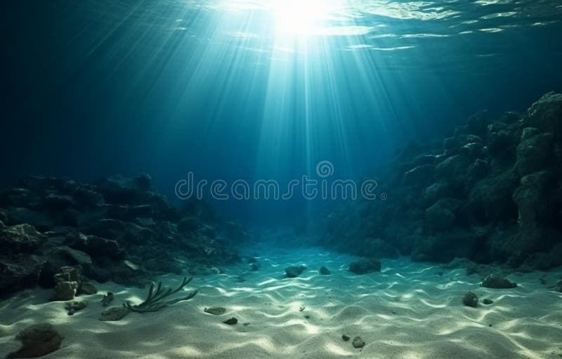 Underwater Sea Bottom Sand. Deep Abyss with Blue Sun Light Stock ...