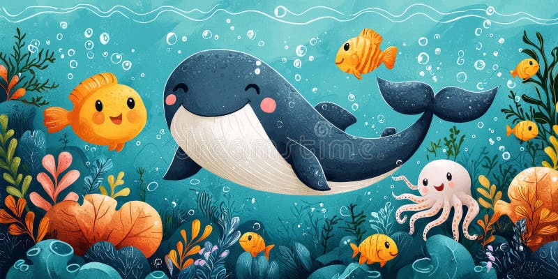 Underwater Sea Creatures Such As Smiling Whales, Fish and Octopuses ...