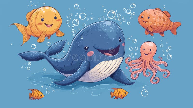 Underwater Sea Creatures Such As Smiling Whales, Fish and Octopuses ...
