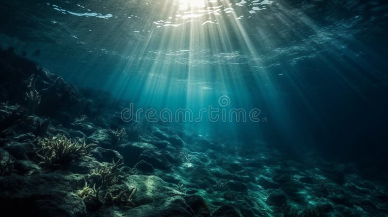 Underwater Sea - Deep Water Abyss with Blue Sun Light Stock ...