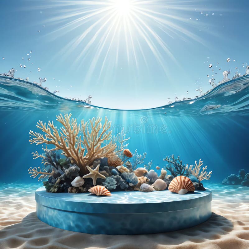 Underwater Sea Podium Mockup with Sea Shell and Coral Stock ...