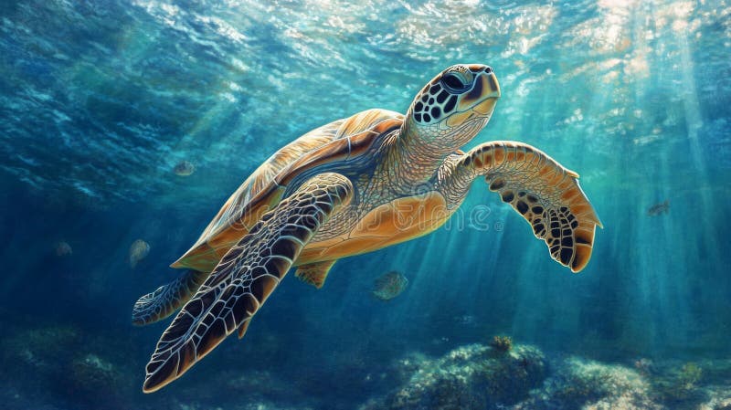 Underwater Sea Turtle Swimming in Sunlight Stock Illustration ...