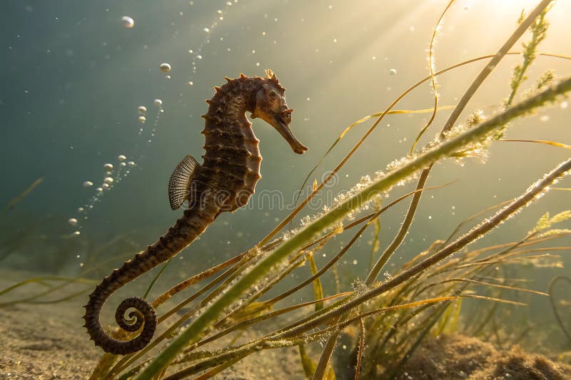 Close-up of a Seahorse in a Dark Aquarium Setting. Marine Life Portrait ...