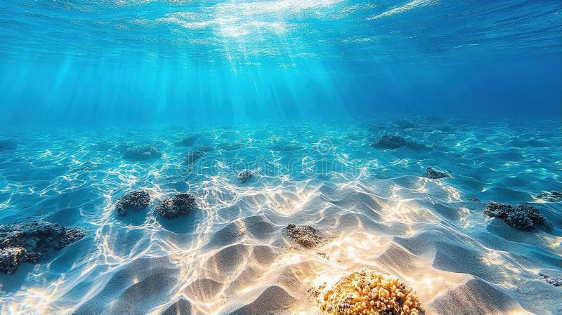 Underwater Seascape, Sunlit Ocean Floor with Sandy Bottom and Coral ...