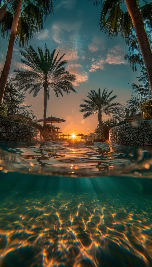Underwater Serenity Infinity Pool at Sunset with Palm Trees and ...