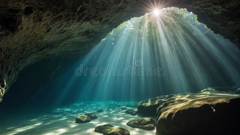 Underwater Serenity Sunlight Rays Filter through Cave Entrance Stock ...