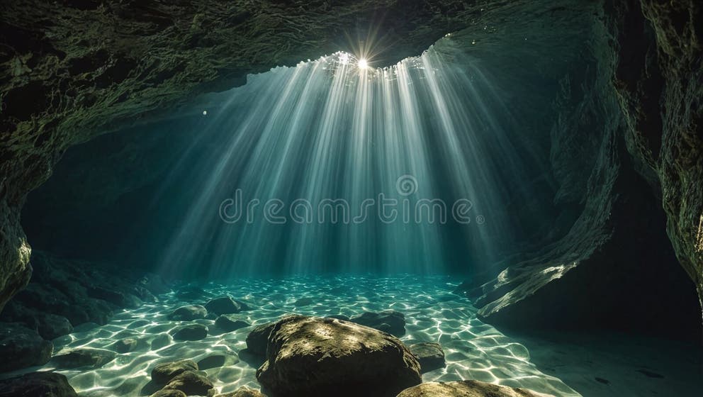 Underwater Serenity Sunlight Rays Filter through Cave Entrance Stock ...