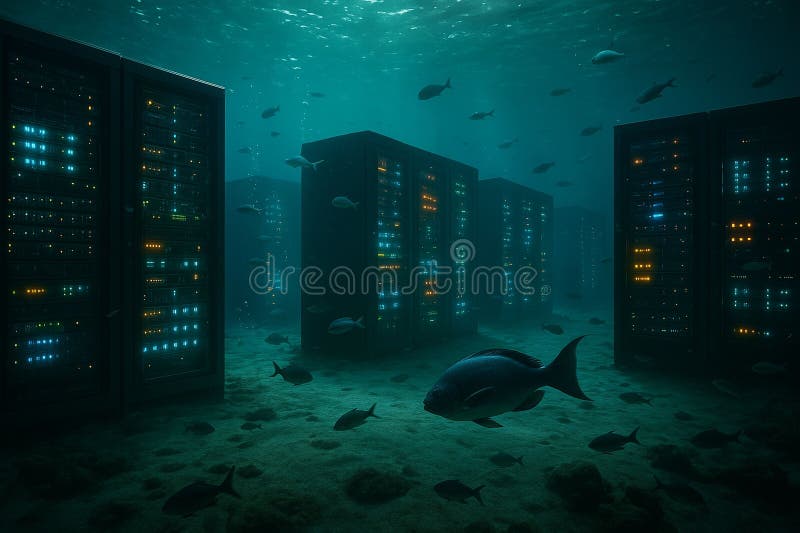 Underwater Server Room with Glowing Lights and Fish Stock Illustration ...